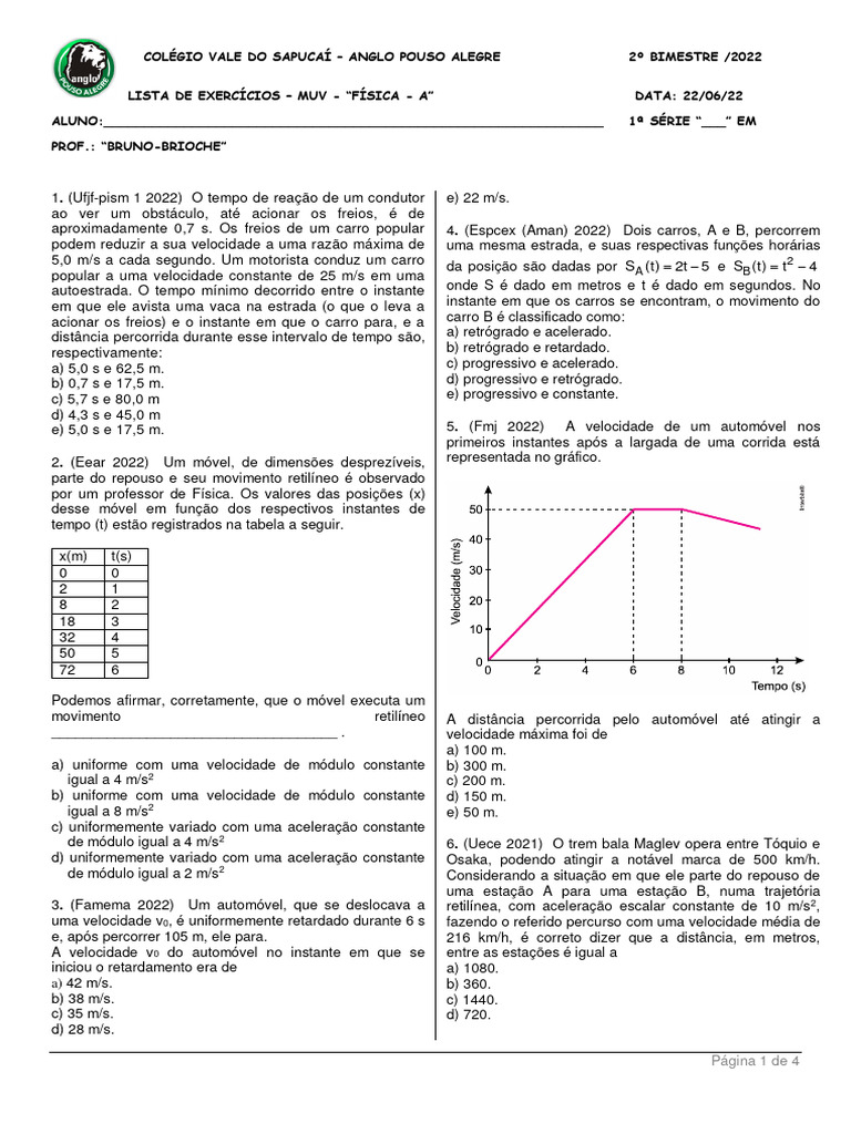 Lista Muv 1º Ano Anglo Pa 22-06-22 | PDF | Velocidade | Mecânica Clássica
