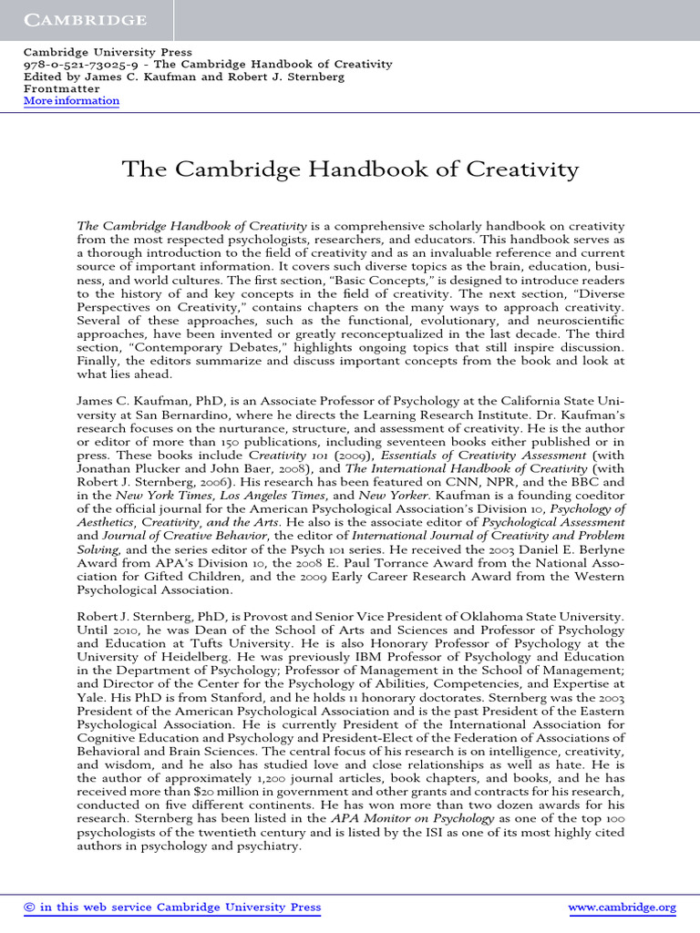 The Hand Book of Creativity Cambridge | PDF | Creativity | Neuroscience