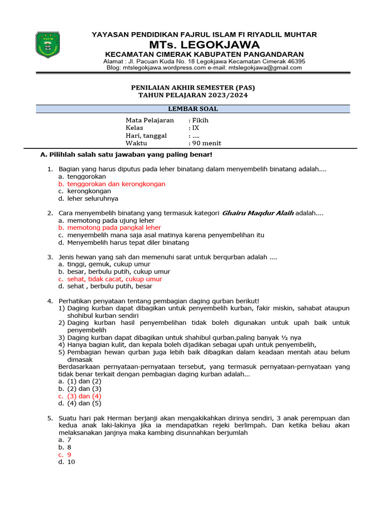 Soal Penilaian Fikih Kelas IX 2023/2024 | PDF