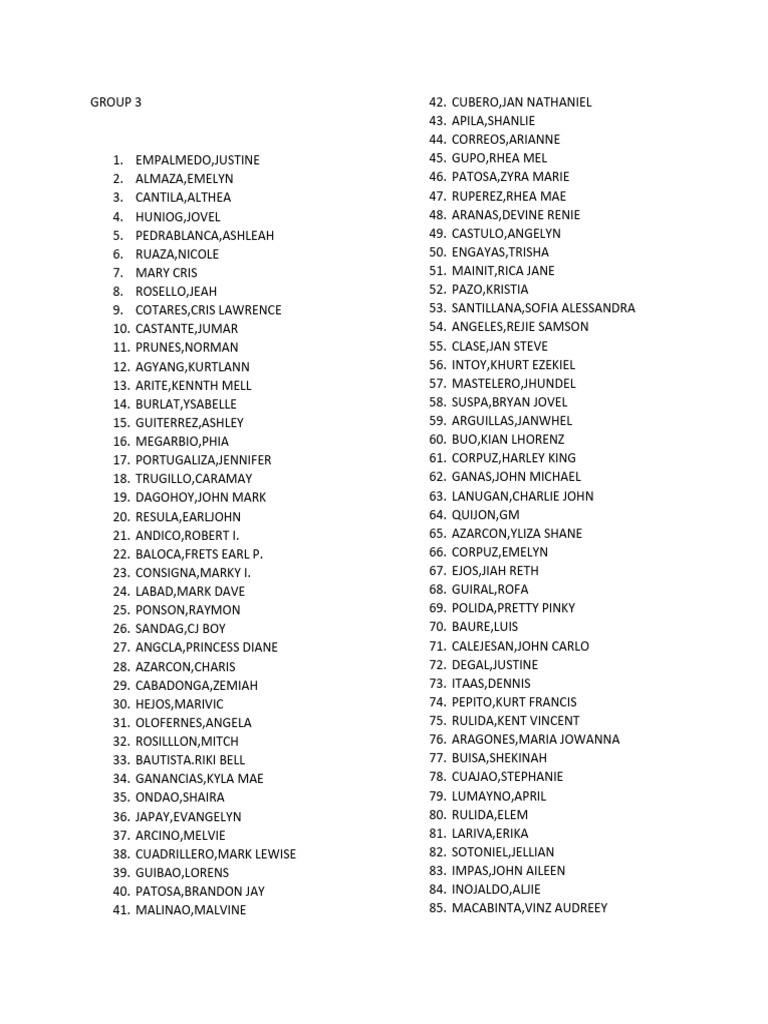 Group 3 Student Names List | PDF