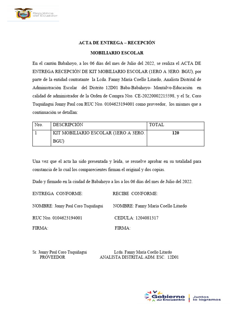 Acta de Entrega Pupitres Olga Vega | PDF | Desarrollo humano | Etapas de la vida humana
