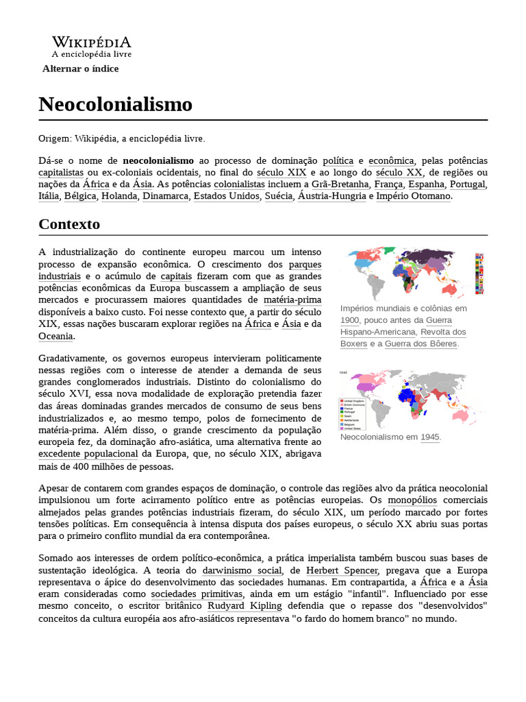 Neocolonialismo | PDF | Relações Internacionais | Economias