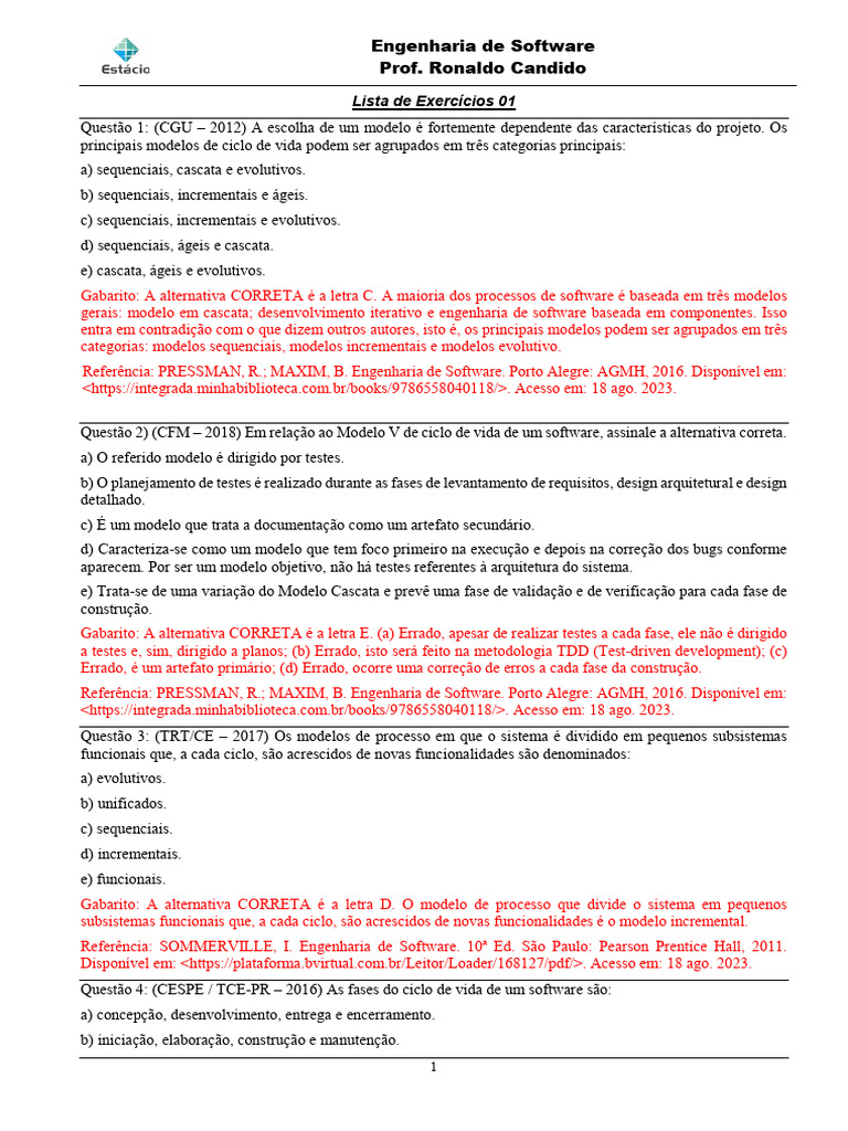 2023.2 Engenharia Software Lista Exerc Cios01 Gabarito | PDF | Engenharia de Software | Programas