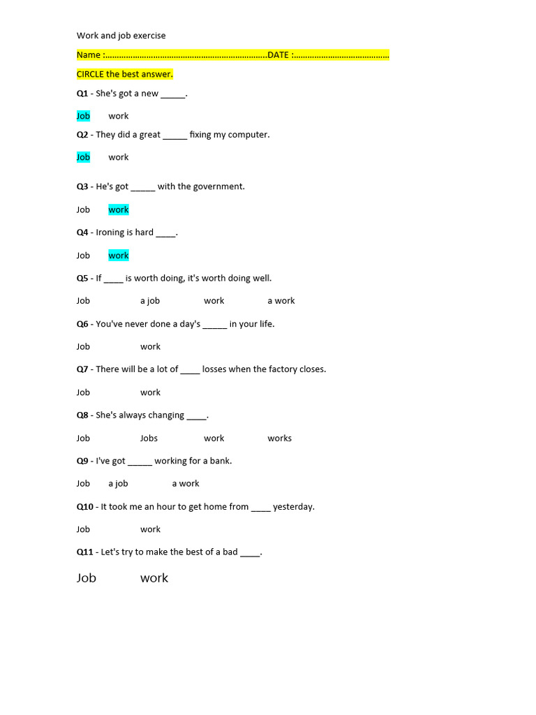 Work and Job Exercise | PDF