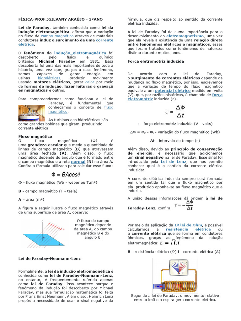Lei De Faraday Pdf Indução Eletromagnética Transformador 6883