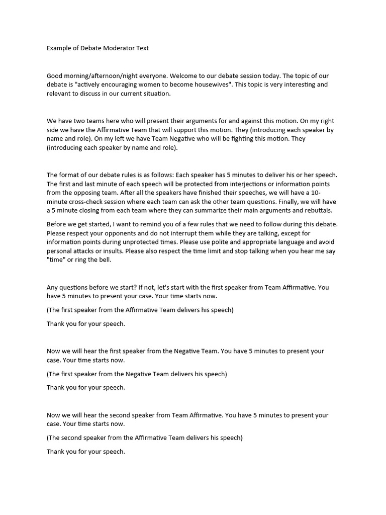 Debate Moderator Script Example | PDF | Public Speaking | Political Communication