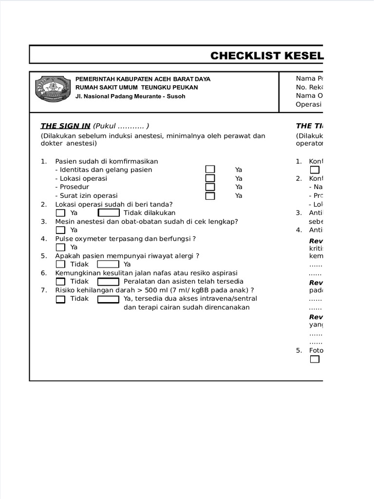 Dokumen - Tips - Form Checklist Keselamatan Operasi Time Out | PDF