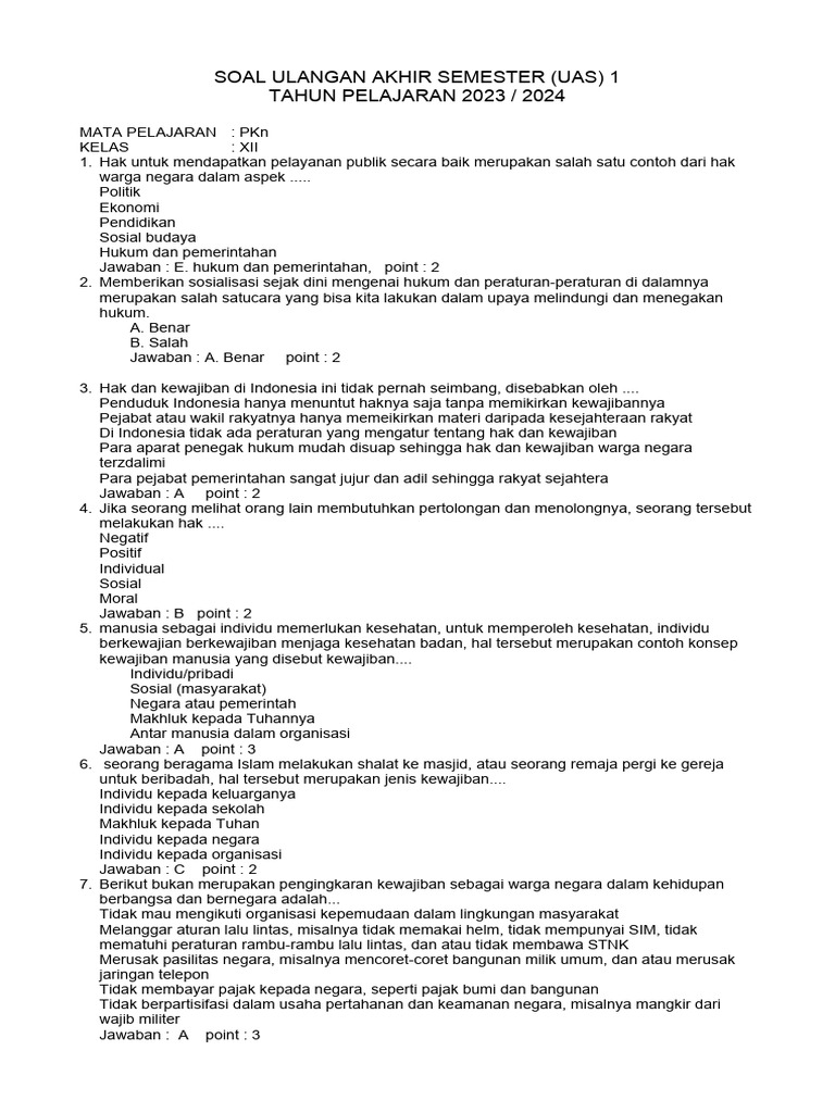 SOAL PAS-PPKn Kls - XII (12) - SMAN1-2023 | PDF | Politik | Hukum