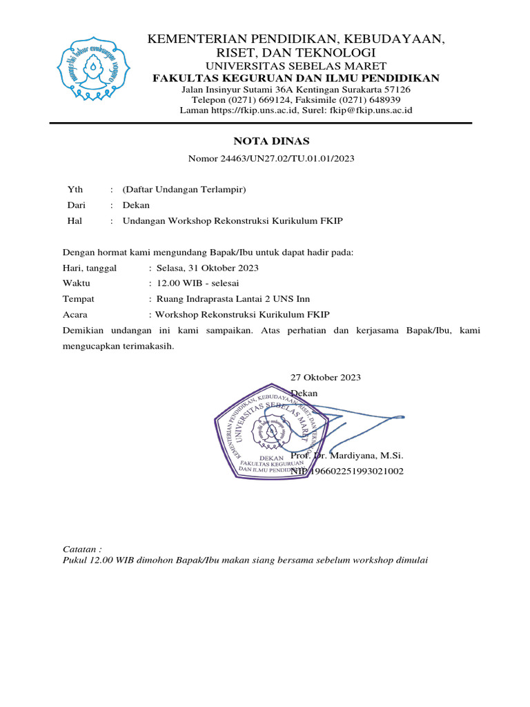 20231026-Undangan Workshop Kurikulum TTD Dekan-Undangan Terlampir | PDF