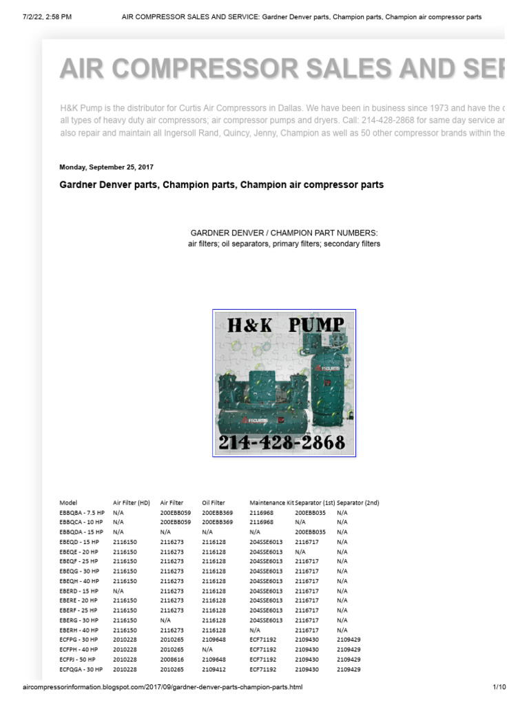 AIR COMPRESSOR SALES AND SERVICE - Gardner Denver Parts, Champion Parts ...