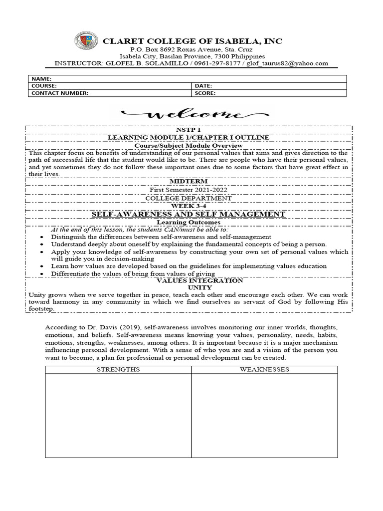 Self-Awareness & Personal Values Module | PDF | Attitude (Psychology ...