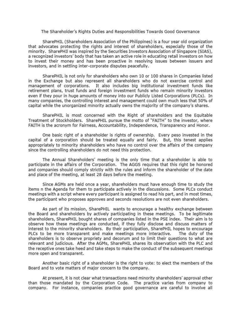 The Shareholders Rights Duties and Responsibilities Towards Good ...