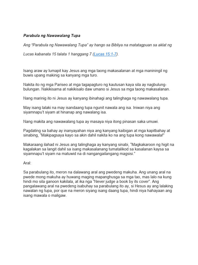 Parabula NG Nawawalang Tupa | PDF