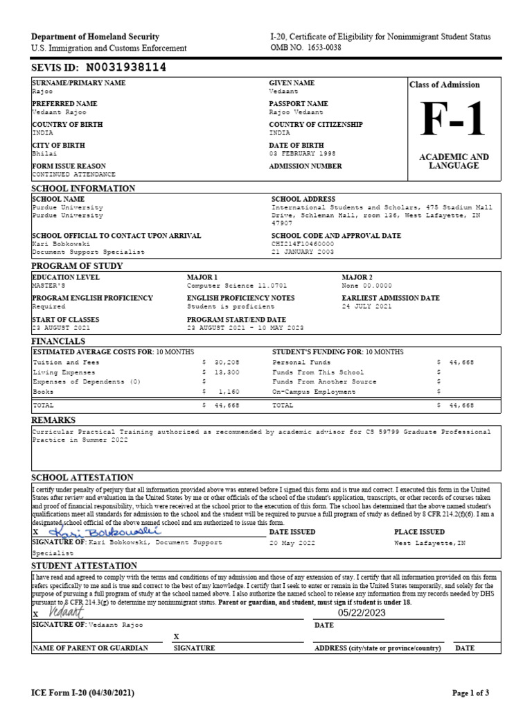 I20-May22 Signed | PDF | Travel Visa | Human Migration