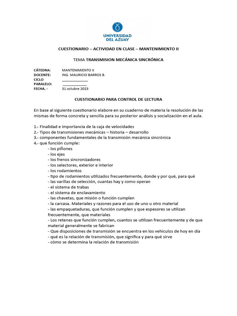 Cuestionario - Transmisiones - Mecã Nicas - N1 | PDF