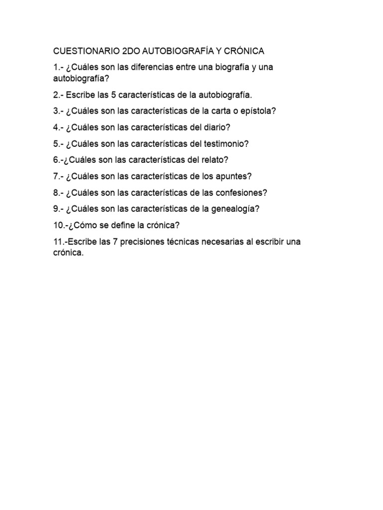Cuestionario 2do Autobiografía y Crónica | PDF