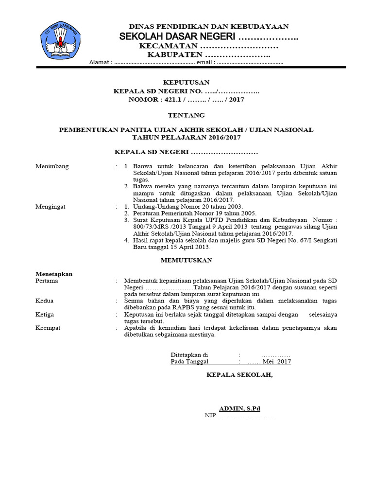 Contoh SK Panitia UAS Dan UN Untuk SD | PDF