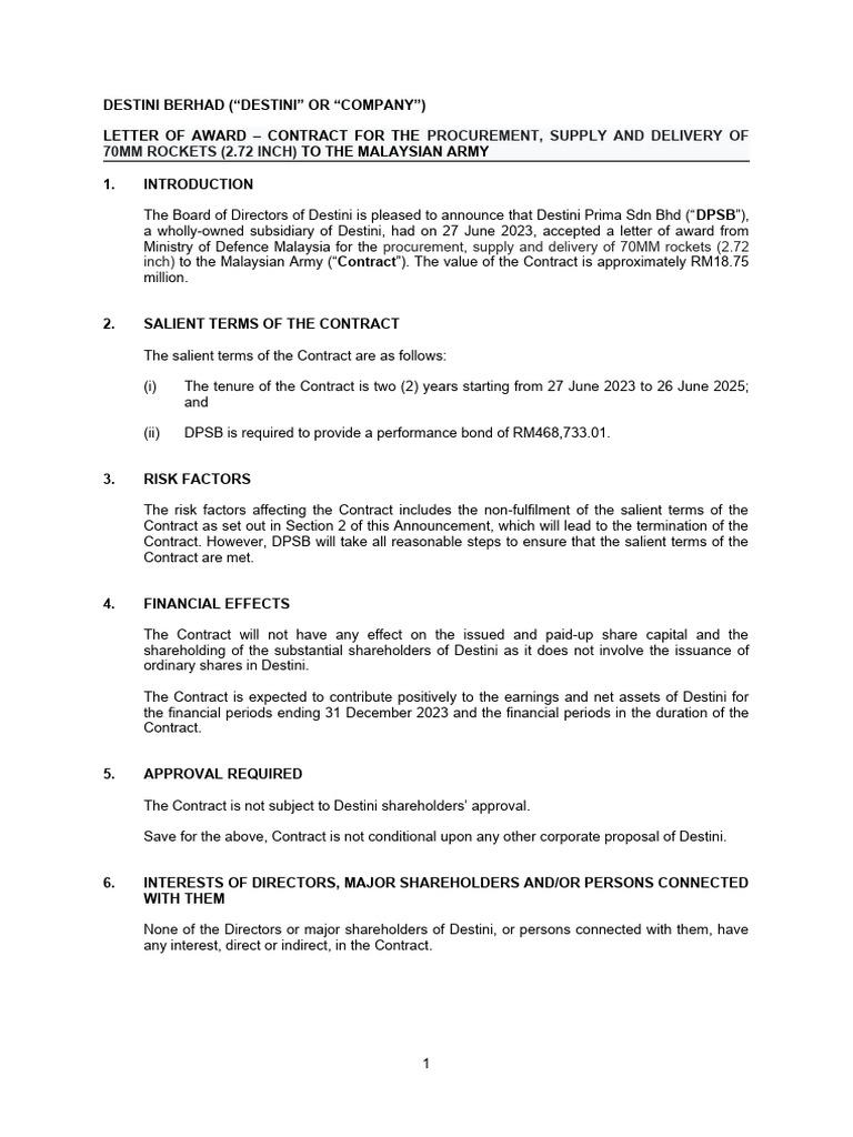 Draft Announcement Bursa LOA FZ - DPSB | PDF