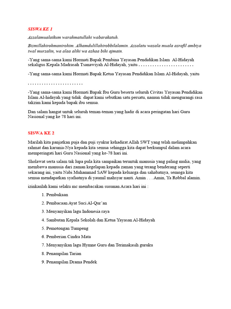 Contoh Pembawa Acara Hari Guru | PDF | Kajian Bahasa Asing