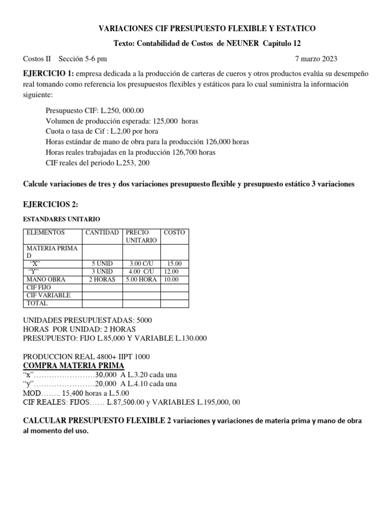 Ejercicio Variacion CIF | PDF | Presupuesto | Business