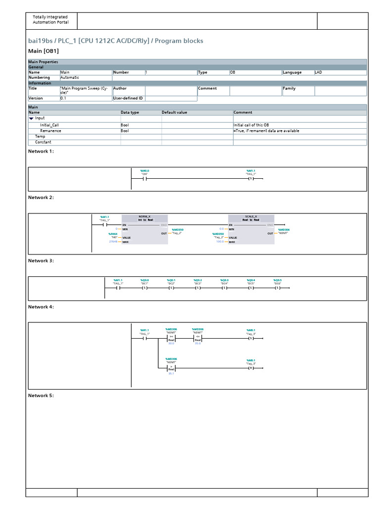 Bai19bs / PLC - 1 (CPU 1212C AC/DC/Rly) / Program Blocks: Main (OB1) | PDF | Computing ...