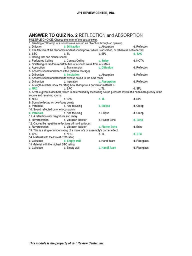 Quiz 20 Reflection and Absorption | PDF | Reflection (Physics ...