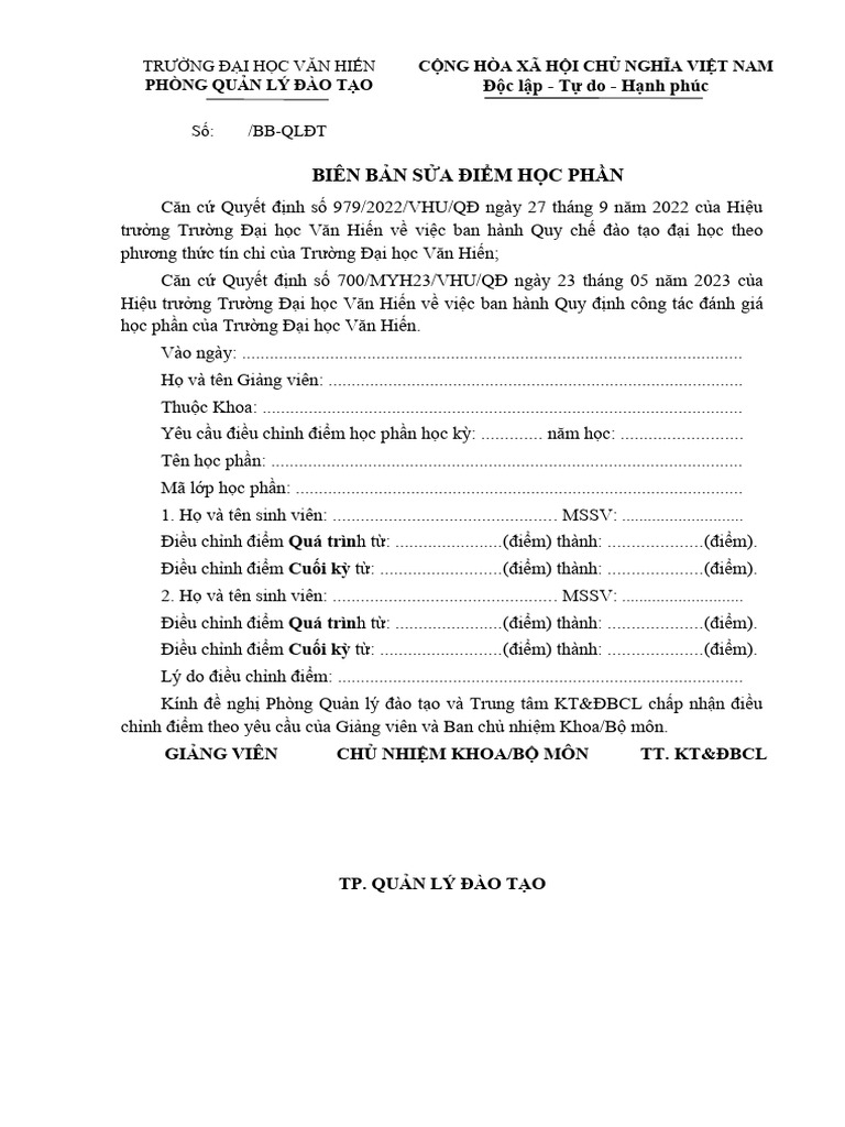 VHU BienBanSuaDiemHocPhan | PDF