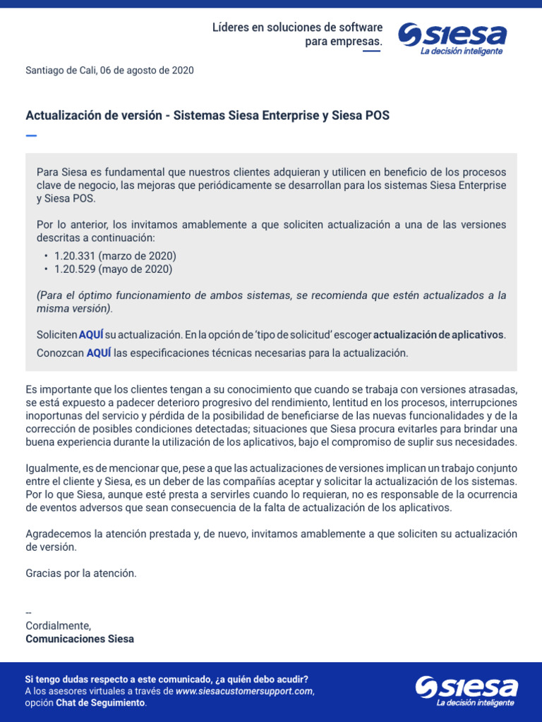 Actualización-de-versión-Sistemas-Siesa-Enterprise-y-Siesa-POS | PDF
