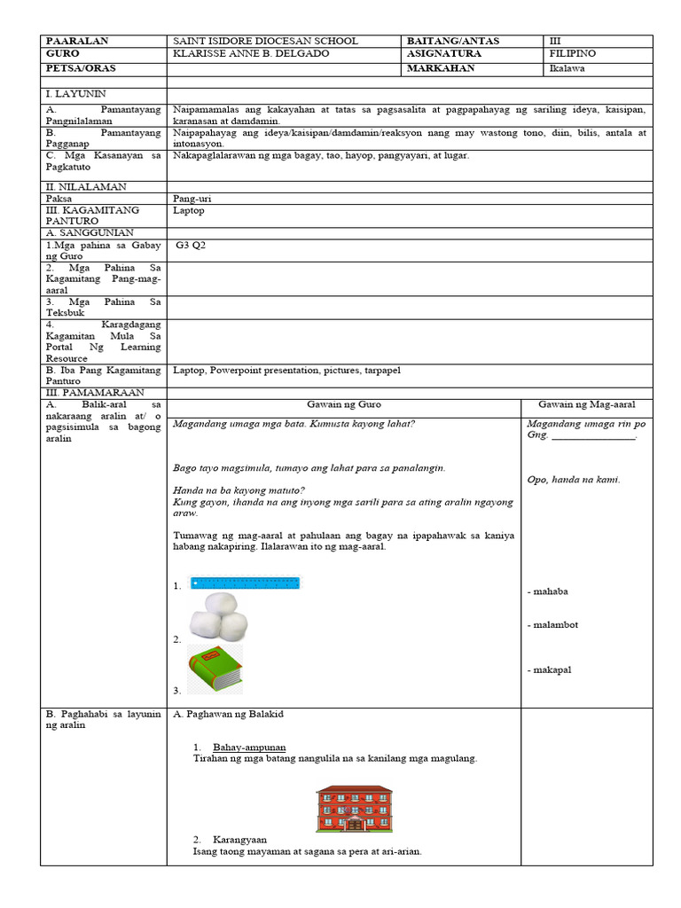 FIL3 Q2 Topic1 DLP NAKAPAGLALARAWAN NG MGA BAGAYTAO | PDF