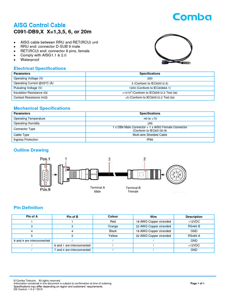 AISG Control Cable: C091-DB9, X X 1,3,5, 6, or 20m | PDF | Electrical ...