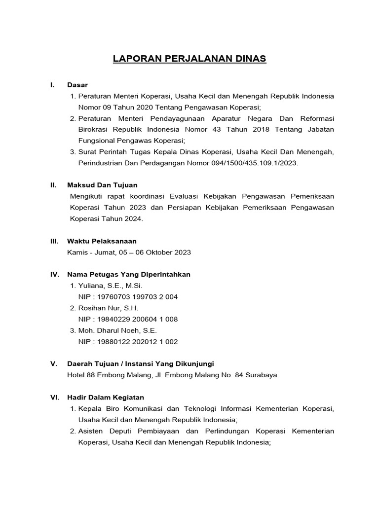 Laporan Perjalanan Dinas Rapat Koordinasi Pengawasan Dan Pemeriksaan Koperasi 5-6 Okt 2023 | PDF