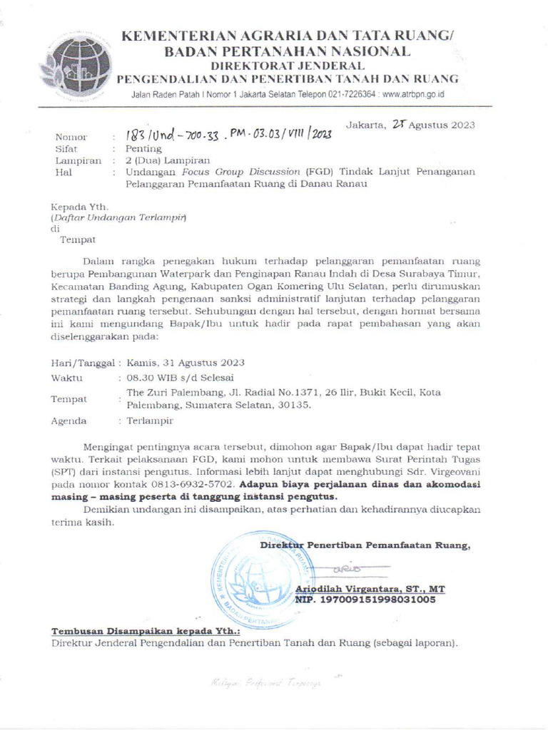 Surat Undangan FGD Tindaklanjut Penanganan Pelanggaran Pemanfaatan ...