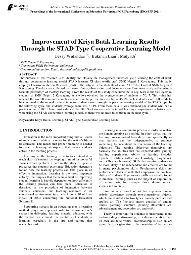 Improvement of Kriya Batik Learning Results Through The STAD Type Cooperative Learning Model ...