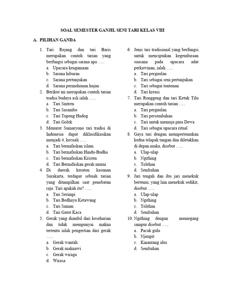 Soal Semester Ganjil Seni Tari Kelas Viii | PDF