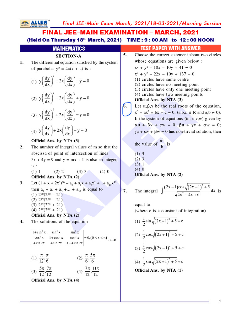 1803 Mathematics Paper With Ans Morning | PDF | Function (Mathematics) | Equations