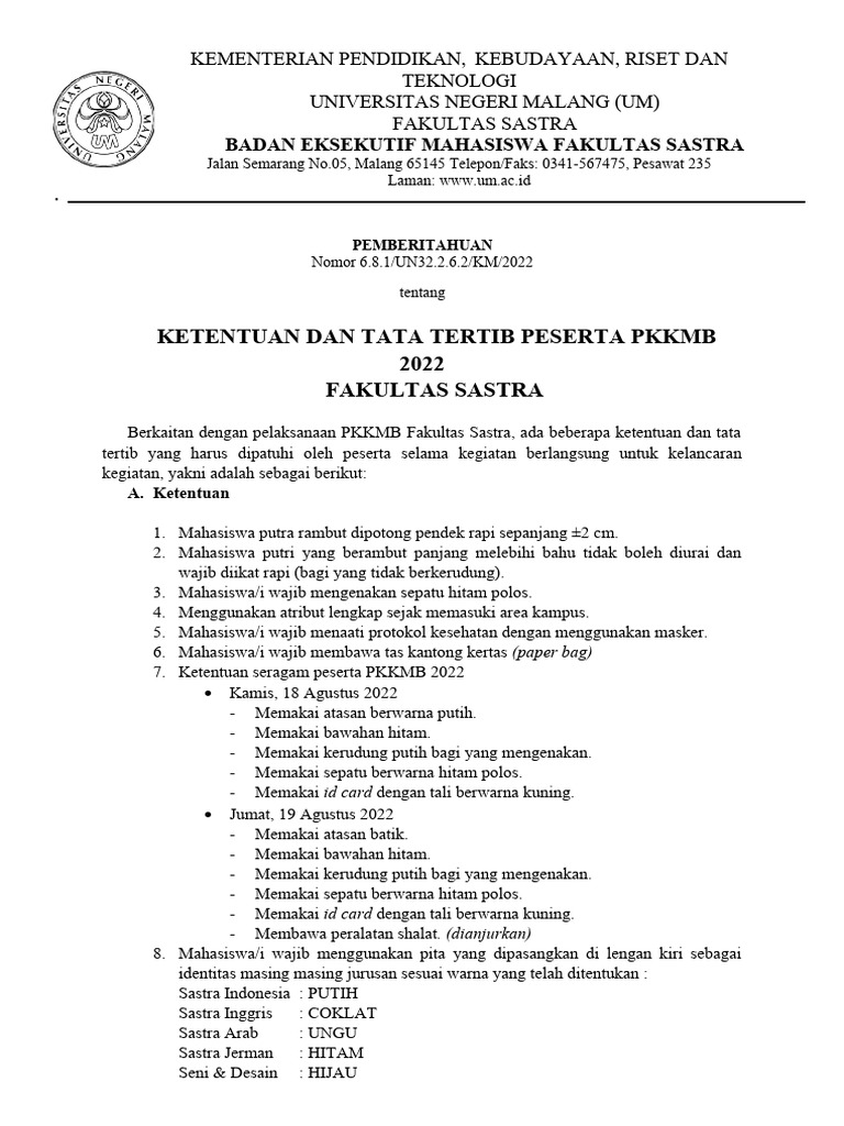 Ketentuan Dan Tata Tertib PKKMB Fs 2022 Rev. | PDF