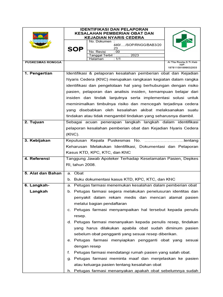 Sop Identifikasi Dan Pelaporan Kesalahan Pemberian Obat Dan KNC | PDF Sop Identifikasi Dan Pelaporan Kesalahan Pemberian Obat Dan KNC | PDF