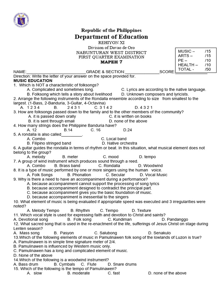 g7 q1 Final Examination | PDF | Physical Fitness | Adolescence