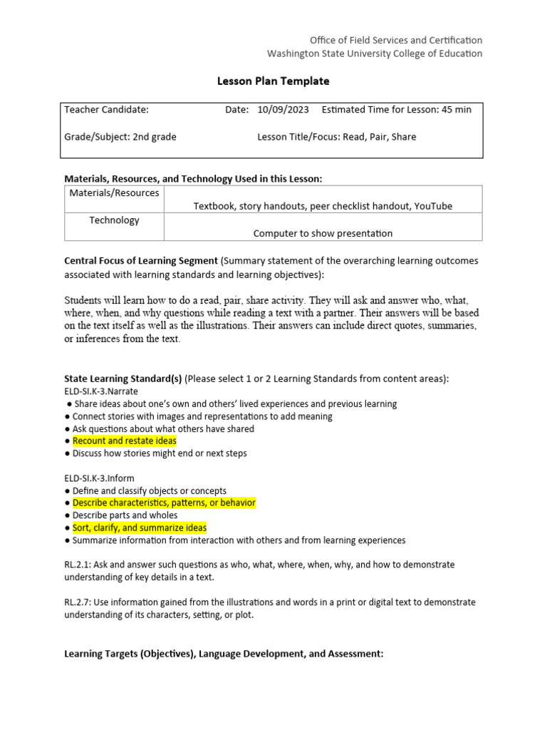 Read-Pair-Share Lesson Plan | PDF | Question | Cognitive Psychology