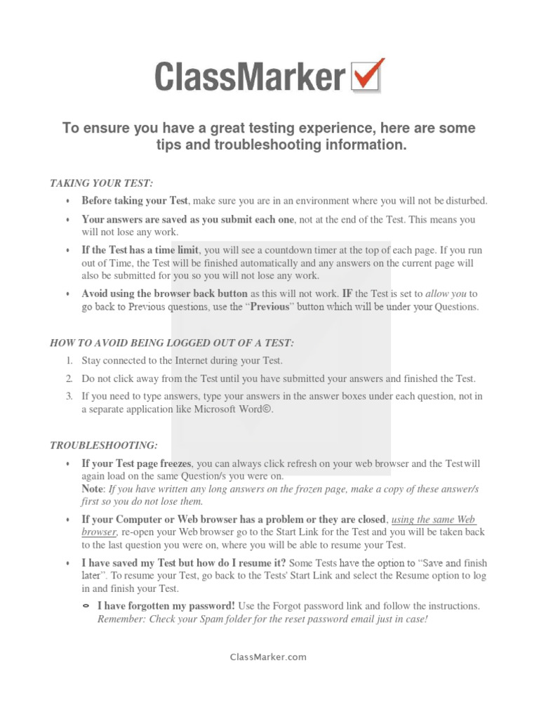 ClassMarker Test Taking Guide | Download Free PDF | World Wide Web ...