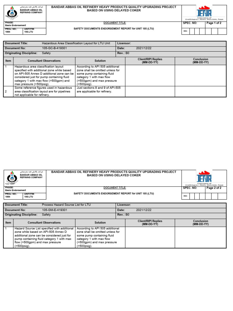 Safety Documents Endorsement Report For Unit 105 (LTU) Attachment | PDF | Oil Refinery | Pump