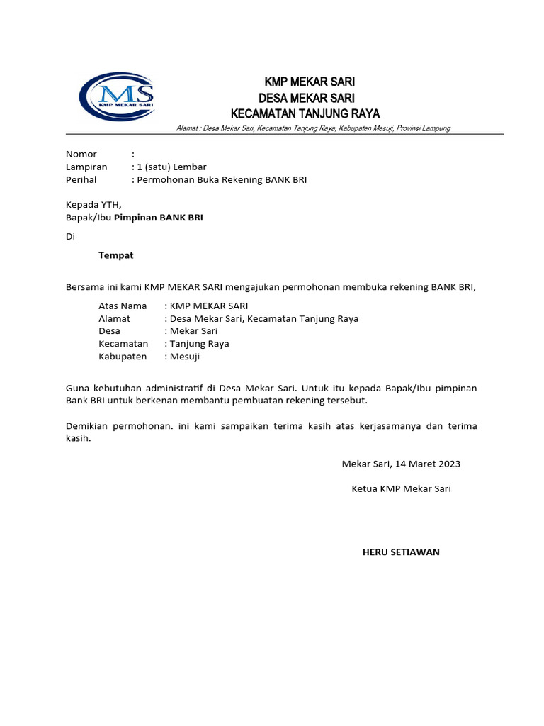 Permohonan Ke Bank Mekar Sari | PDF