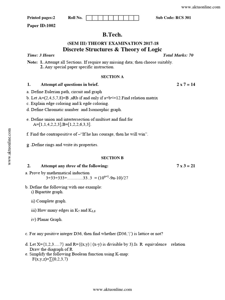Btech Cs 3 Sem Discrete Structures and Theory of Logic Ncs301 2018 | PDF | Mathematical Concepts ...