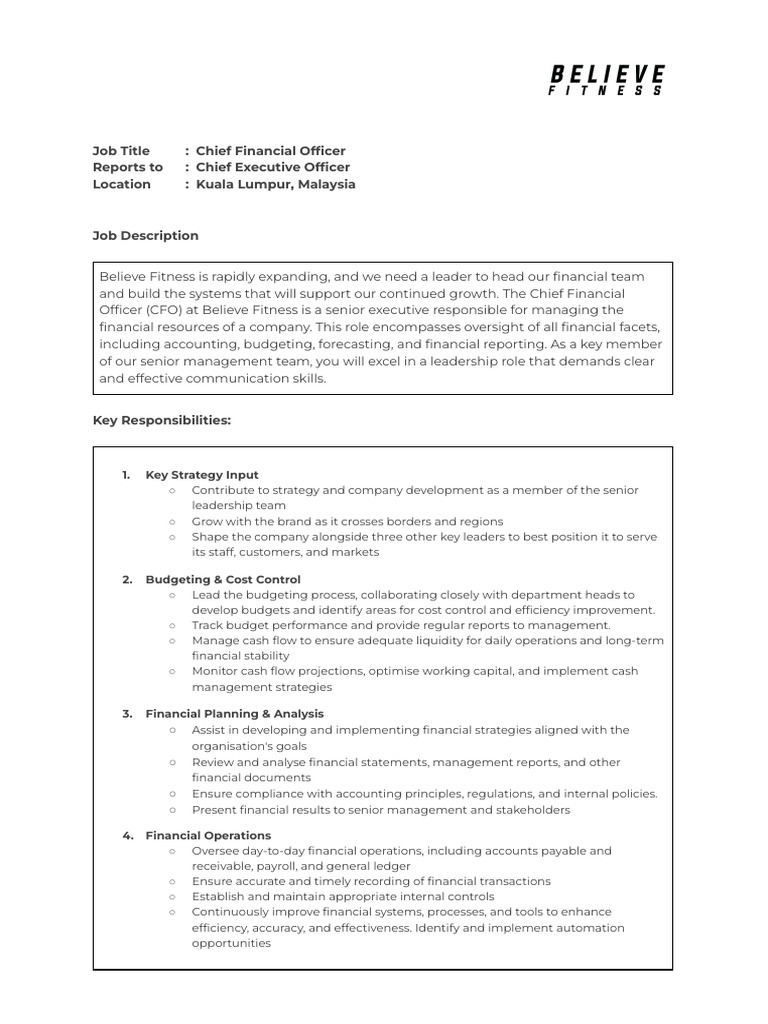 CFO Job Description at Believe Fitness | PDF | Chief Financial Officer ...