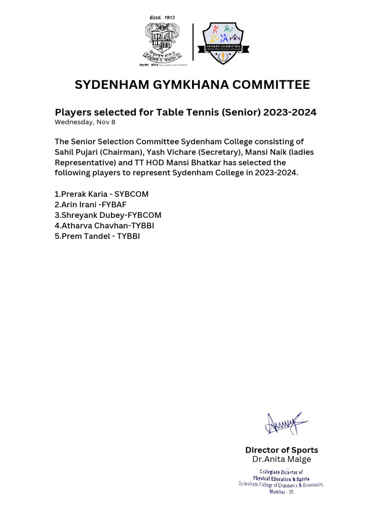 Sydenham College Senior Team Selections | PDF