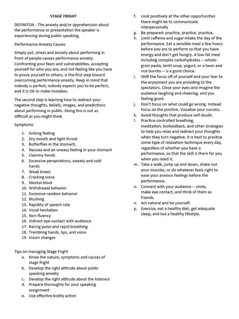 Stage Fright Lec | PDF | Anxiety | Psychology