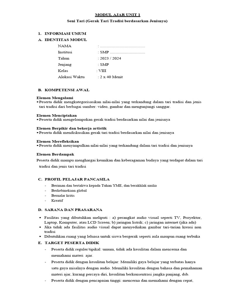 MA Unit 1 Pertemuan 5 Gerak Tari Tradisi Berdasarkan Jenisnya | PDF