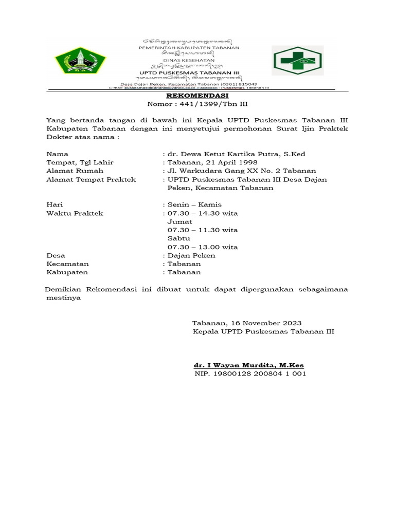 Rekomendasi Ijin Praktek Dokter Tabanan | PDF
