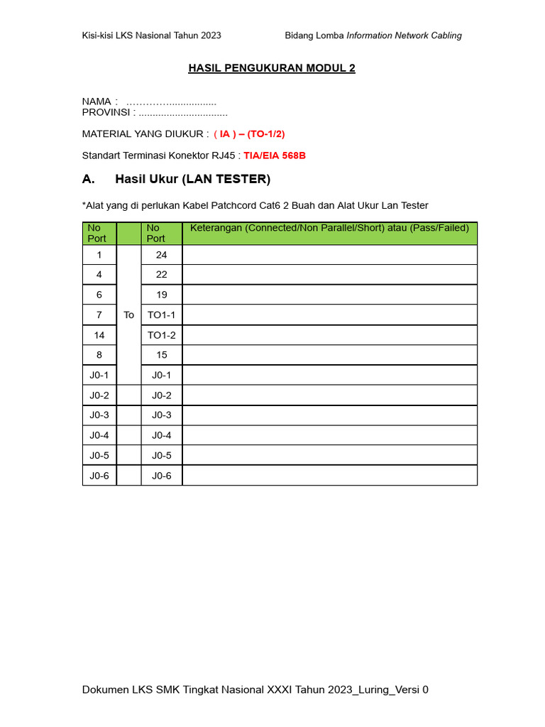 Form Pengukuran MODUL 2 UTP & SOC LKS 2023 | PDF