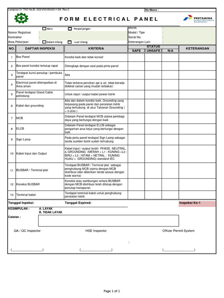 Form Inspeksi Panel Listrik | PDF